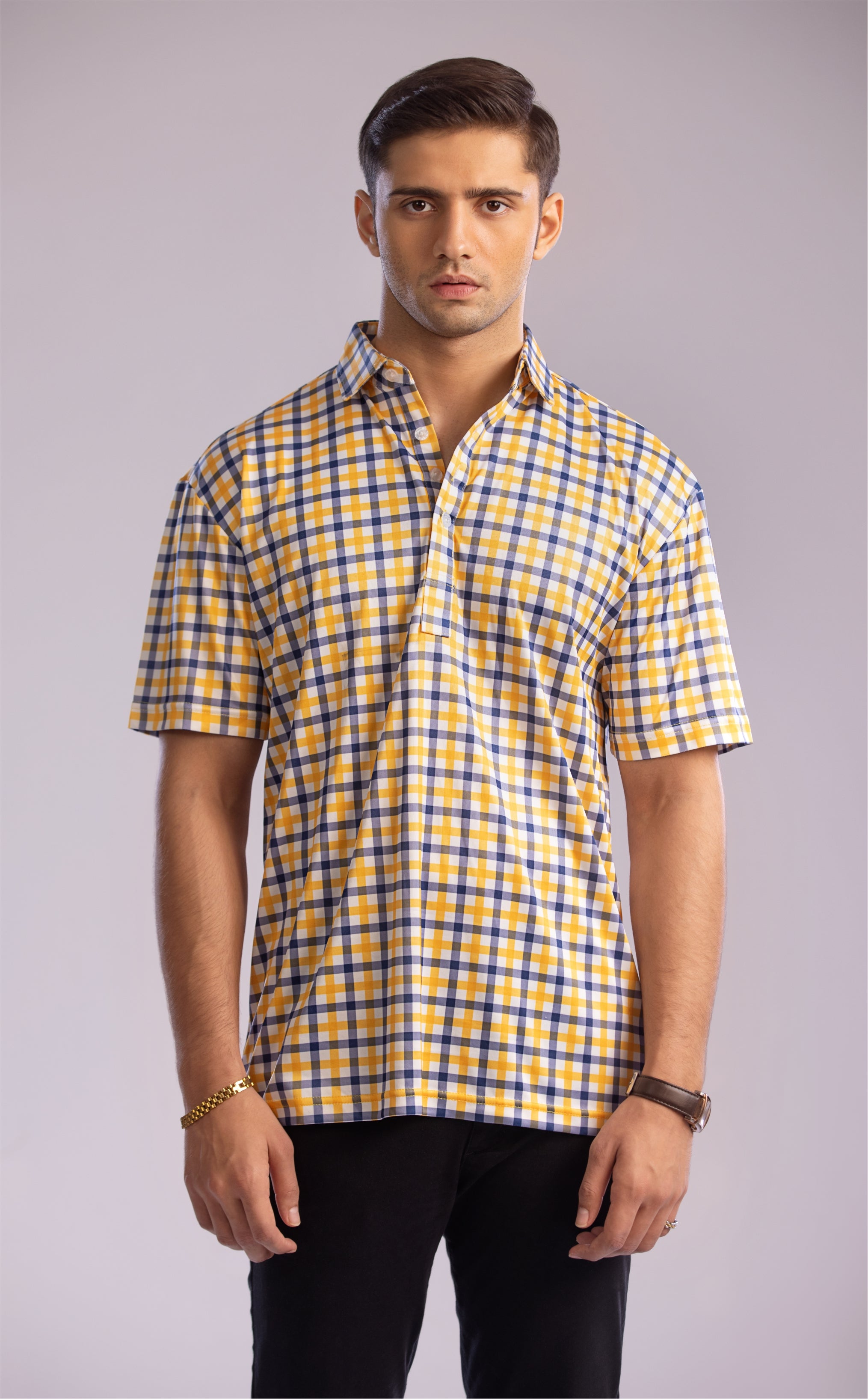 Dressy Polo Semi-Spread Collar Yellow with Blue Grid Check